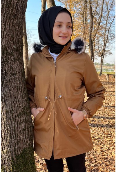 Deneme Kabinim Kadın Bondit Kısa Mont - Içi Kürklü Kapüşonlu Kısa Mont
