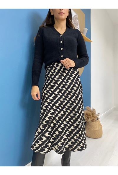 Zgemoda Saten Uzun Etek Kazayağı Desenli