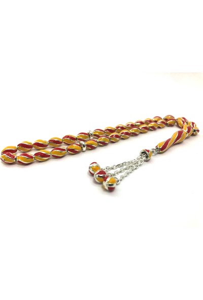 Tesbih Perver Sarı-Kırmızı 925 Ayar Gümüş Taraftar Tesbihi