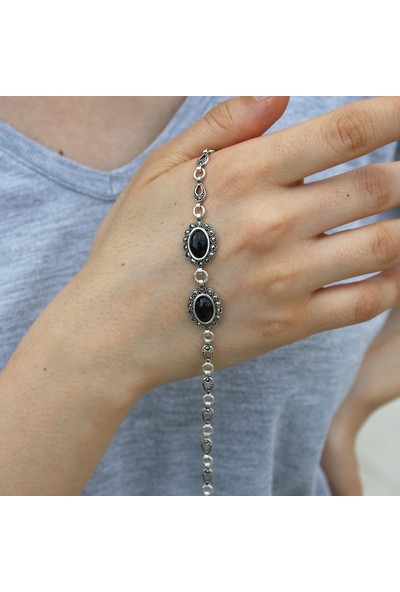 Tesbih Pasajı Çift Taşlı Model Gümüş ve Oltu Taşı Bileklik