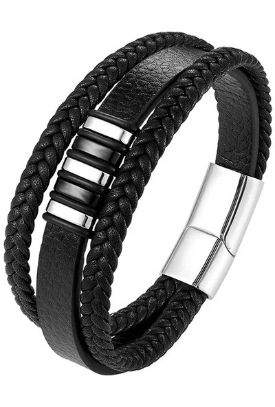 JACK FERRERO Deri Siyah Renk Manyetik Toka Örgülü Bileklik