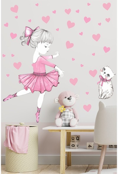 Tasarım Adası Kedili Balerin Kız ve Kalpler Çocuk Odası Duvar Sticker