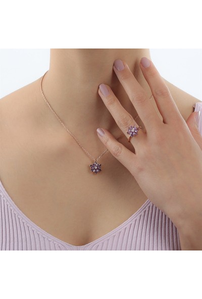 Lieza Jewelry Gümüş Mor Taşlı Lotus Çiçeği Kolye Yüzük Mini Set
