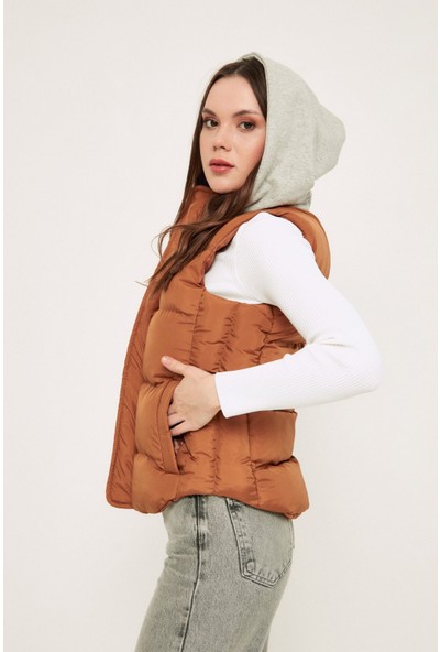 FullaModa Penye Kapüşonlu Şişme Yelek