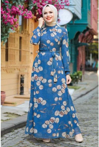 Neva Style - Yaprak Desenli Indigo Mavisi Tesettür Elbise 29250IM Neva Style - Yaprak Desenli Indigo Mavisi Tesettür Elbise 29250IM