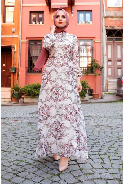 Neva Style - Desenli Bej Tesettür Elbise 2923BEJ