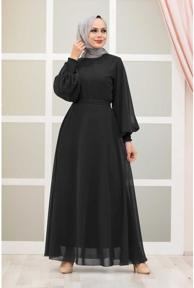 Neva Style -Balon Kol Siyah Tesettür Elbise 20550S Neva Style -Balon Kol Siyah Tesettür Elbise 20550S
