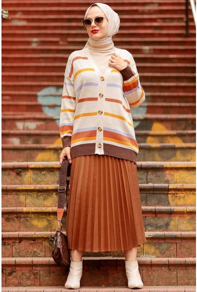 Neva Style - Şerit Desenli Bej Tesettür Triko Hırka 2482BEJ