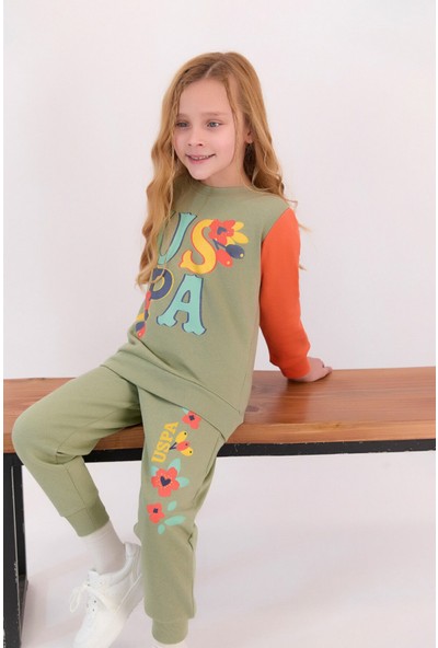 U.S. Polo Assn. Çiçekli Açık Haki Kız Çocuk Eşofman Takımı