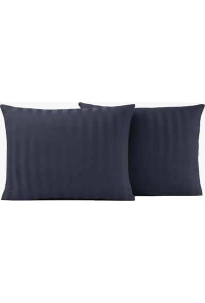 Leruum London Çizgili Saten %100 Pamuklu Lacivert Yastık Kılıfı 2 Adet 50 x 70