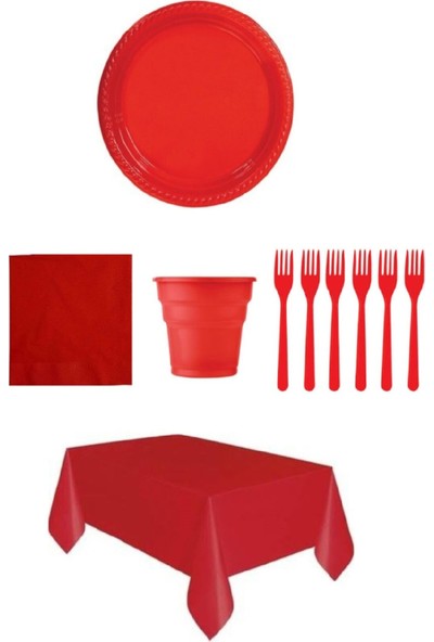 Dipak Kırmızı Renk Plastik Tabak, Bardak, Çatal, Peçete ve Masa Örtüsü Seti Dipak Kırmızı Renk Plastik Tabak, Bardak, Çatal, Peçete ve Masa Örtüsü Seti