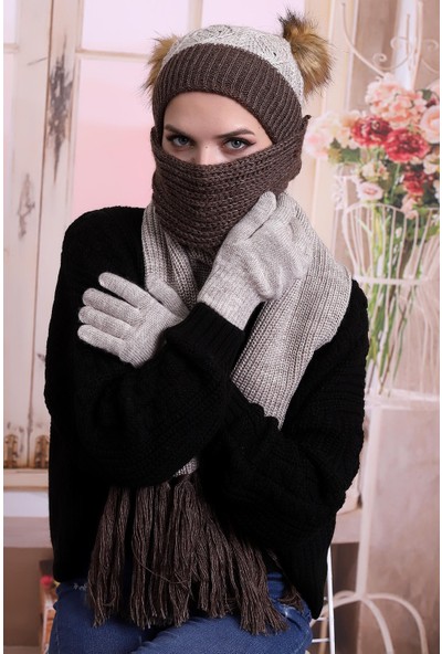 Deafox Kahverengi Maskeli Kadın Atkı Bere Eldiven Takımı