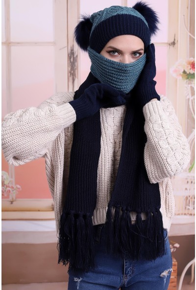 Deafox Lacivert Maskeli Kadın Atkı Bere Eldiven Takımı