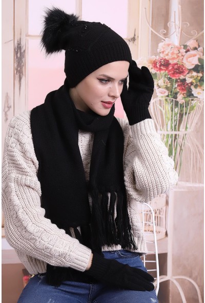 Deafox Taş Detaylı Kadın Atkı Bere Eldiven Takımı Deafox Taş Detaylı Kadın Atkı Bere Eldiven Takımı