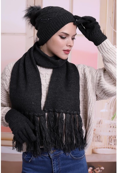 Deafox Antrasit Taş Desenli Atkı Bere Eldiven Takımı