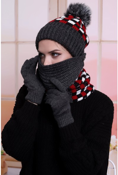 Deafox Antrasit Maske Detaylı Atkı Bere Eldiven Seti Deafox Antrasit Maske Detaylı Atkı Bere Eldiven Seti