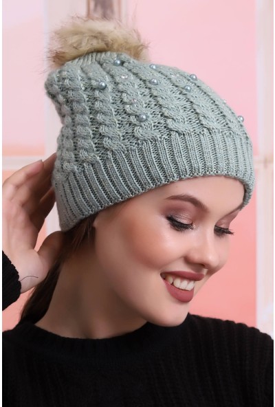 Deafox Yeşil Örgü Desen Taşlı Bere