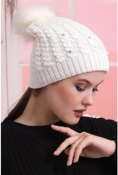 Deafox Kremrengi Taş Detaylı Örgü Desen Bere