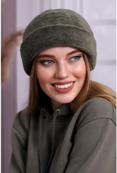 Deafox Haki Peluş Katlamalı Kadın Bere