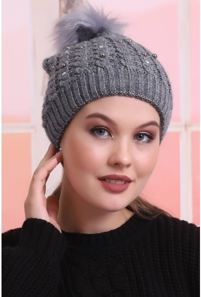 Deafox Gri Taş ve Ponpon Detaylı Kadın Bere