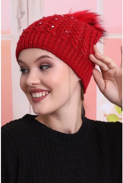 Deafox Kırmızı Taş Detaylı Örgü Desen Bere