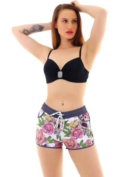 Deafox Çiçek Desenli Kadın Deniz Şortu