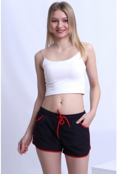 Deafox Siyah Cepli Mini Kadın Deniz Şortu