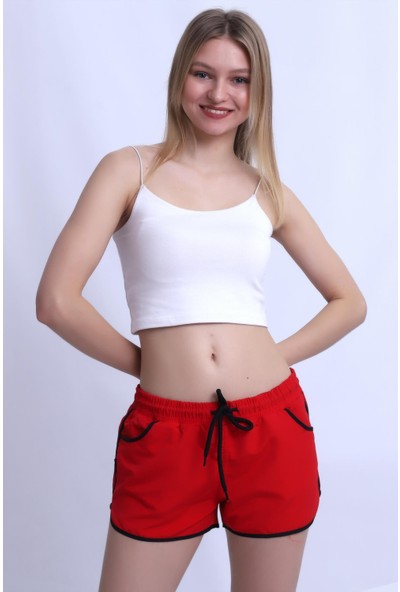Deafox Kırmızı Cepli Mini Kadın Deniz Şortu
