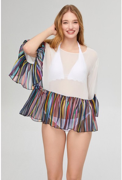 Deafox Beyaz Desen Detaylı Şifon Pareo