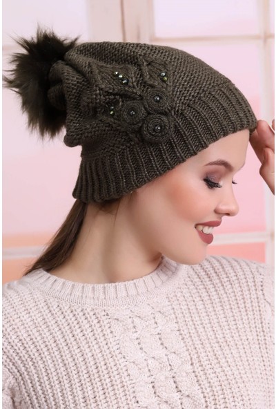 Deafox Gül Detaylı Haki Kadın Bere