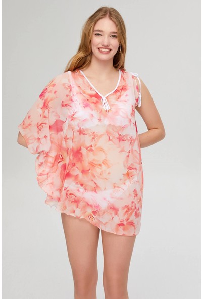 Deafox Çiçek Desenli Tek Kol Şifon Pareo