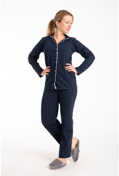 Pemilo Kadın 3030 Düz Önden Düğmeli Pijama Takım Lacivert Pemilo Kadın 3030 Düz Önden Düğmeli Pijama Takım Lacivert