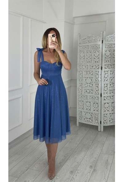 Ges M1585 Omuzdan Bağlamalı Simli Elbise Mavi