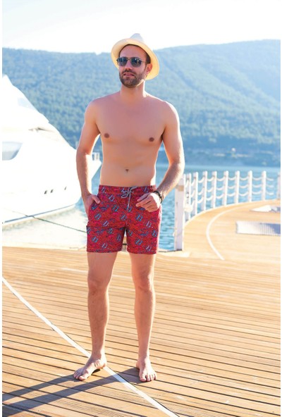 Deafox Dijital Baskı Kırmızı Erkek Deniz Şortu