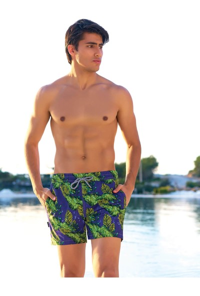 Deafox Lacivert Yaprak Desenli Erkek Deniz Şortu