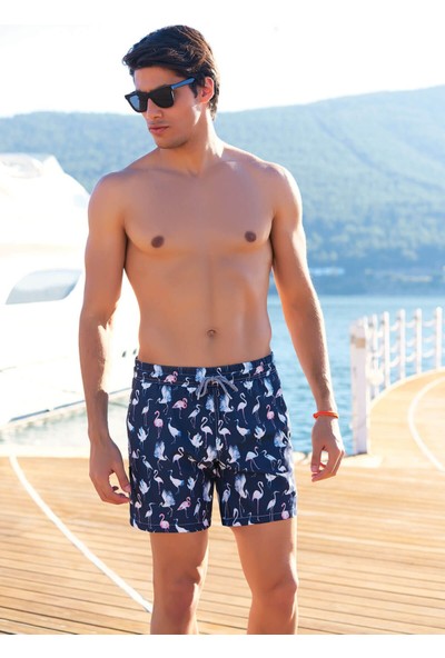 Deafox Flamingo Desenli Lacivert Deniz Şortu