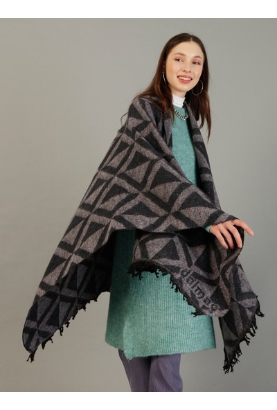 Mervin Şal Üçgen Baklava Desenli Panço - Lila - Mervin Şal
