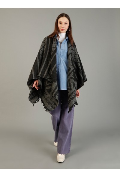 Mervin Şal Nisa Desenli Panço - Siyah Füme - Mervin Şal