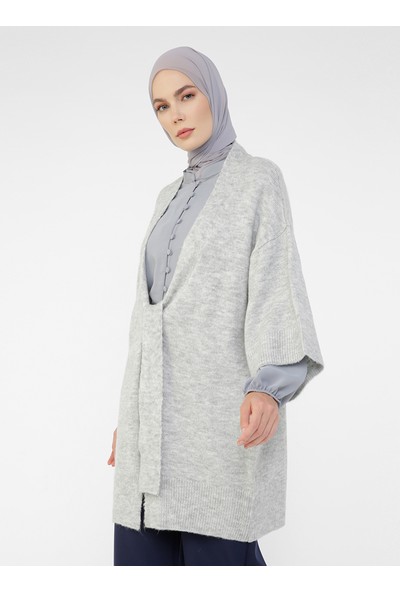 Refka Beli Bağlamalı Triko Hırka - Gri - Refka Woman