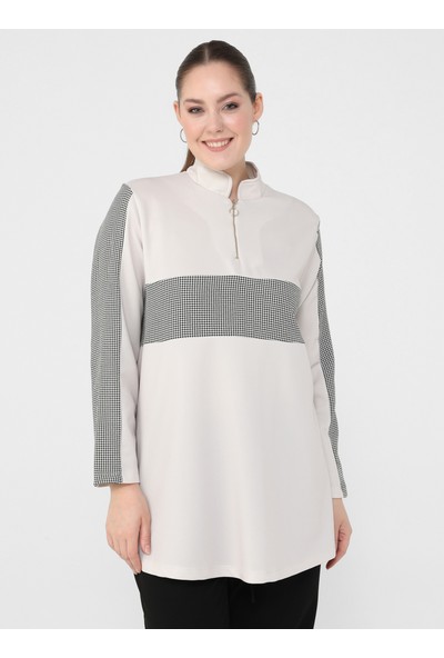 Alia Büyük Beden Yakası Fermuarlı Kazayağı Desenli Tunik - Gri - Alia