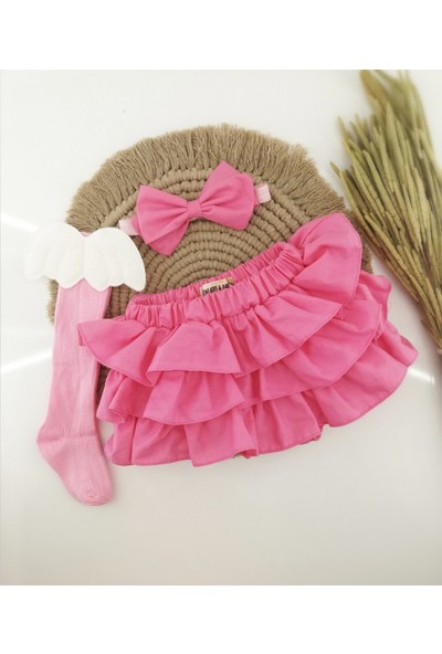Mini Kids & Baby Mini Kids&baby Kız Bebek Fırfırlı Etek Bandana ve Melek Kanatlı Çorap Takım