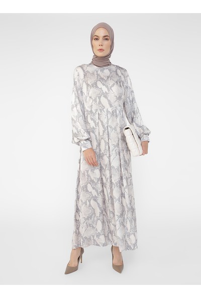 Refka Balon Kollu Yılan Desenli Elbise - Vizon - Refka Woman Refka Balon Kollu Yılan Desenli Elbise - Vizon - Refka Woman