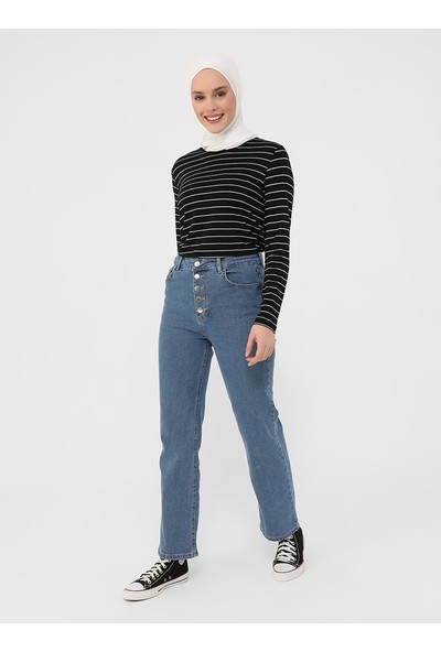 Benin Staight Kalıp Düğme Detaylı Kot Pantolon - Indigo - Benin