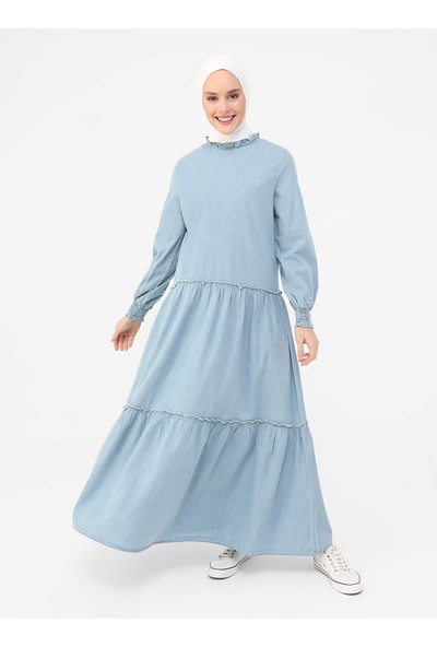 Benin Doğal Kumaşlı Yakası Fırfırlı Kol Uçları Gipe Detaylı Elbise - Açık Mavi - Benin Benin Doğal Kumaşlı Yakası Fırfırlı Kol Uçları Gipe Detaylı Elbise - Açık Mavi - Benin