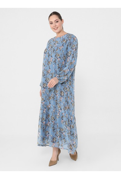 Alia Büyük Beden Astarlı Çiçek Desenli Elbise - Mavi - Alia Alia Büyük Beden Astarlı Çiçek Desenli Elbise - Mavi - Alia