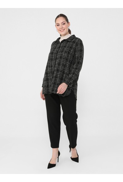 Alia Büyük Beden Yanları Yırtmaçlı Ceket - Siyah Beyaz- Alia