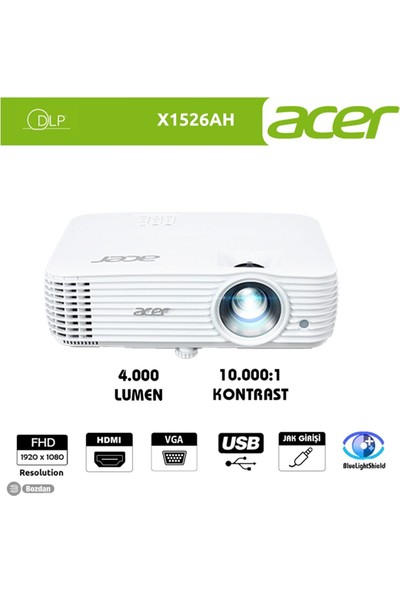 Acer X1526AH 1920X1080 Full HD 4000 Lümen Dlp 10.000:1 HDMI+USB/VGA Projeksiyon Cihazı MR.JT211.001 Acer X1526AH 1920X1080 Full HD 4000 Lümen Dlp 10.000:1 HDMI+USB/VGA Projeksiyon Cihazı MR.JT211.001