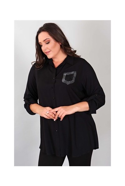 Trend42plus Büyük Beden Taş Detaylı Siyah Gömlek