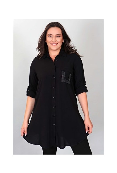 Trend42plus Büyük Beden Taş Detaylı Siyah Viscon Gömlek Trend42plus Büyük Beden Taş Detaylı Siyah Viscon Gömlek