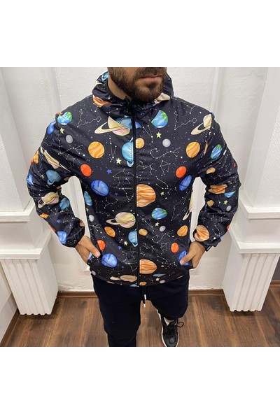 Dewsa Plus Unisex Fermuarlı Uzay Desenli Kapüşonlu Siyah Yağmurluk Rüzgarlık Sweatshirt